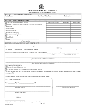Fillable Online Declaration of Lost Certificate - Jamaica Ship Registry ...
