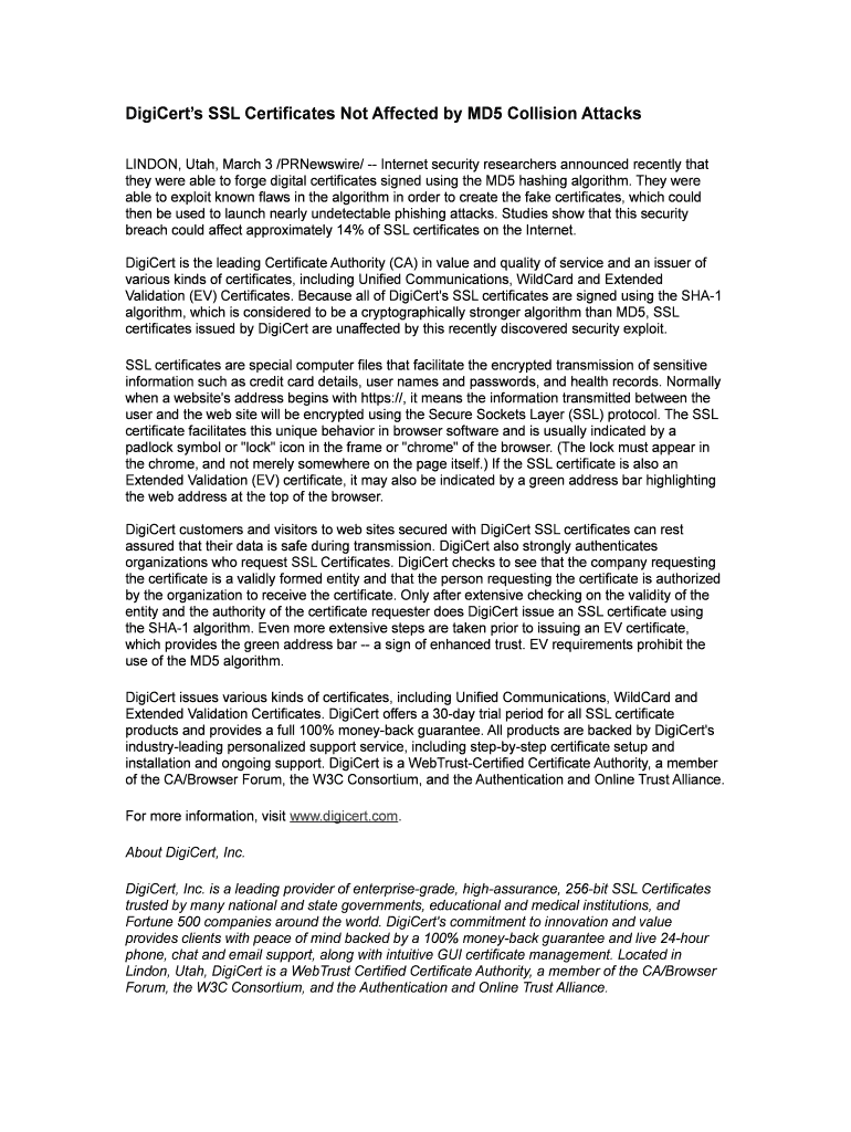 Fillable Online DigiCerts SSL Certificates Not Affected by MD5 ...