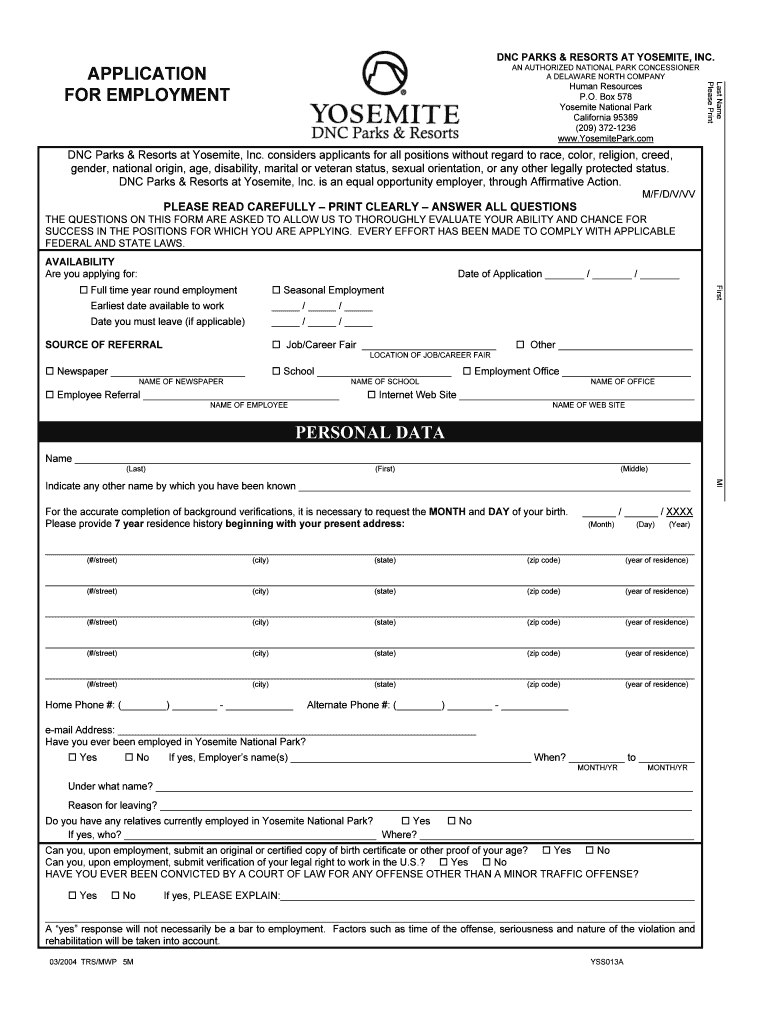 Fillable Online DNC Parks & Resorts at Yosemite Application Form Fax ...