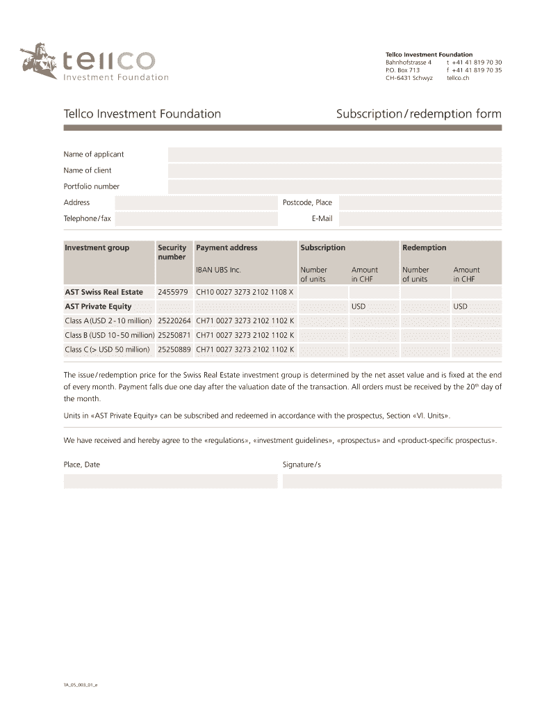 Fillable Online Subscription / Redemption Form Fax Email Print - pdfFiller