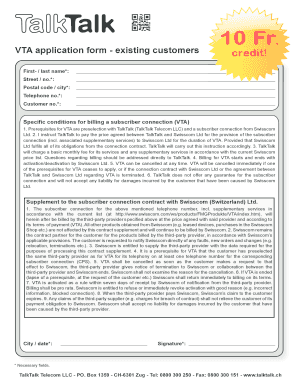 Fillable Online talk-talk VTA application form - existing customers ...