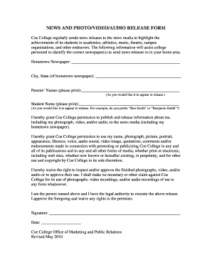 Fillable Online coe NEWS AND PHOTO/VIDEO/AUDIO RELEASE FORM Fax Email ...