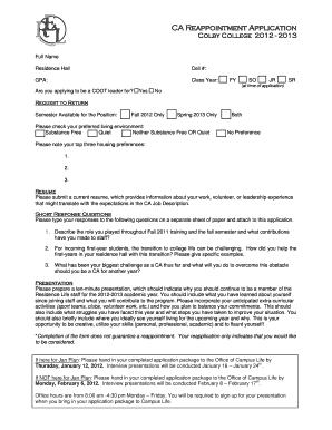 Fillable Online colby CA Reappointment Application - Colby College - colby Fax Email Print ...