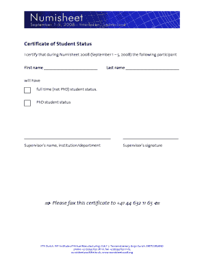Fillable Online numisheet2008 ethz Certificate of Student Status ...