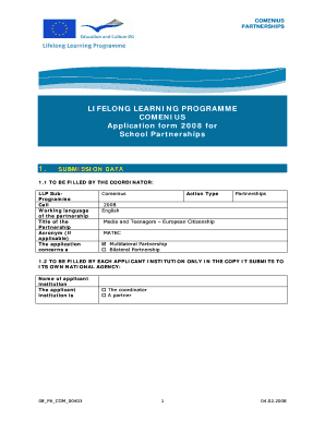 Fillable Online LIFELONG LEARNING PROGRAMME COMENIUS Application form ...