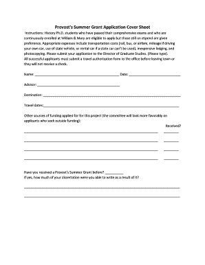 Fillable Online wm Provost's Summer Grant Application Cover Sheet ...