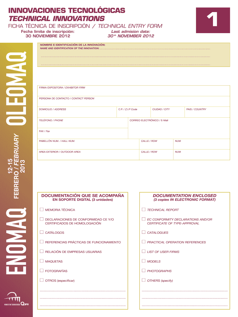 Fillable Online FICHA TCNICA DE INSCRIPCIN TECHNICAL ENTRY FORM Fax Email Print - pdfFiller