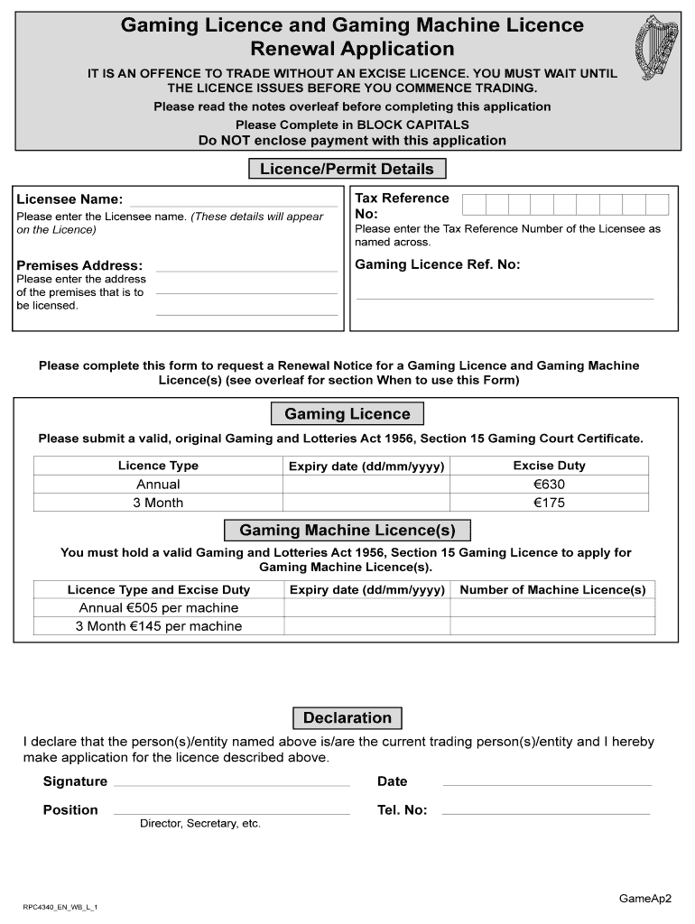 Fillable Online Gaming Licence and Gaming Machine Licence Renewal ...