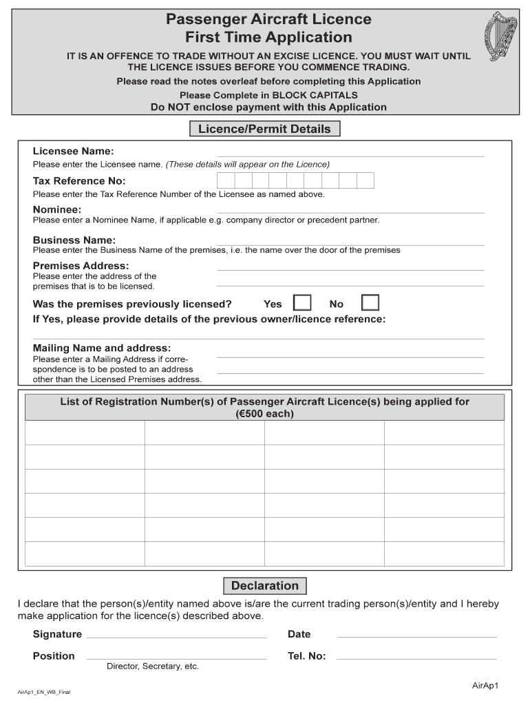 Fillable Online revenue Passenger Aircraft Licence First Time ...
