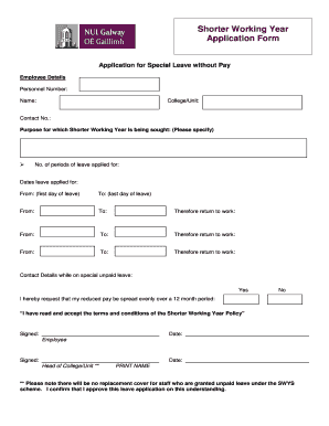 Fillable Online nuigalway Shorter Working Year Application Form Application for Special Leave ...