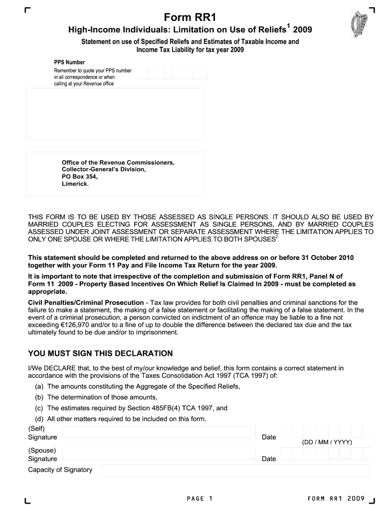 Form RR1 2009-High-Income Individuals - Revenue Commissioners: Fill out ...