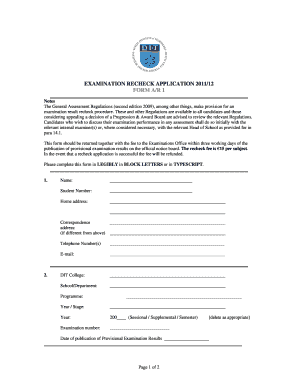 Fillable Online EXAMINATION RECHECK APPLICATION 2011/12 FORM A ...
