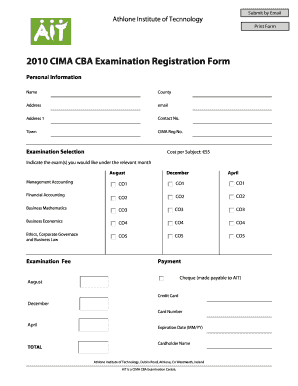 Fillable Online 2010 CIMA CBA Examination Registration Form - Athlone ...