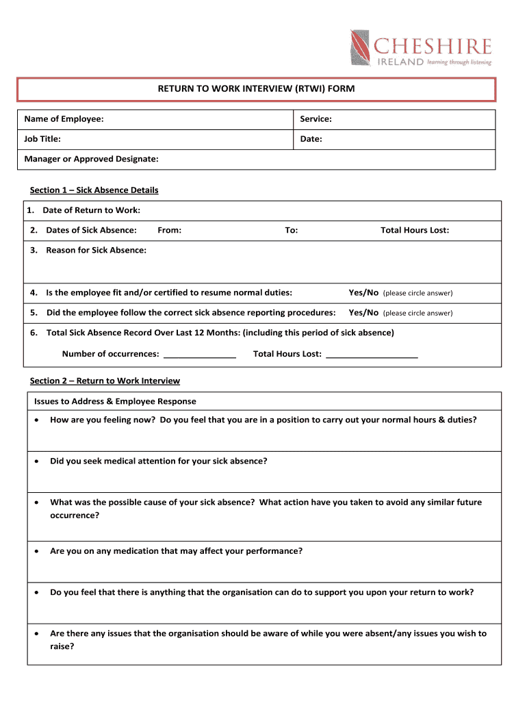 Return To Work Interview Template Fill Online Printable Fillable 