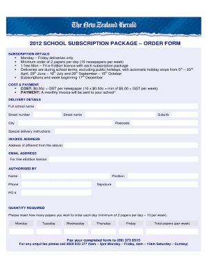 Fillable Online subscriptions nzherald co 2012 school subscription package order form ...