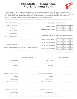 Fillable Online p2 co PREMIUM PRESCHOOL Pre-Enrolment Form Fax Email ...