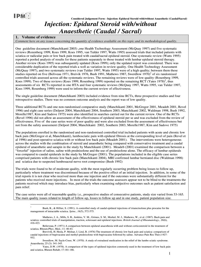 Fillable Online Considered Judgement Form - Injection: Epidural Steroid ...