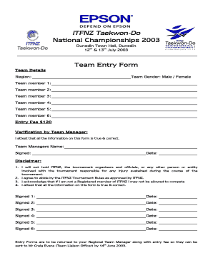 Fillable Online ITFNZ Taekwon-Do National Championships 2003 Team Entry ...