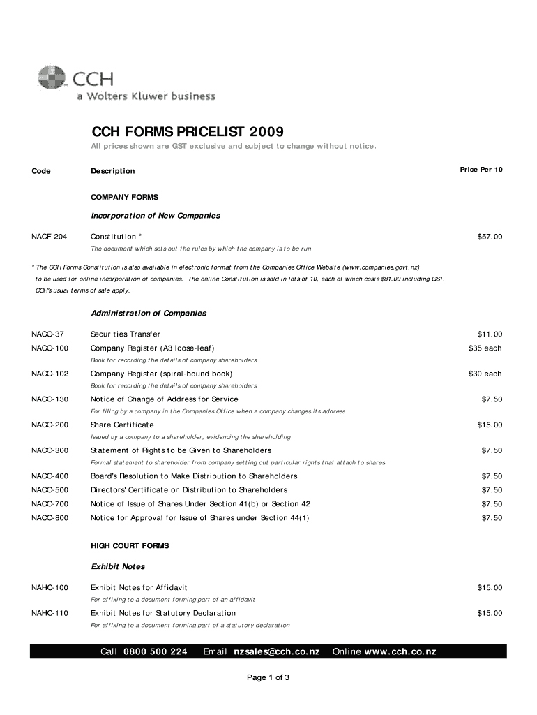 CCH FORMS PRICELIST 2009: Fill out & sign online | DocHub
