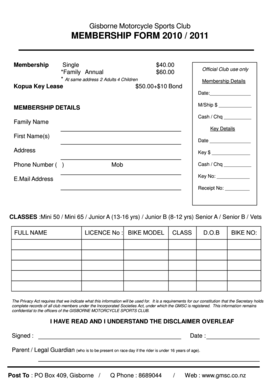 Fillable Online MEMBERSHIP FORM 2010 / 2011 - Gisborne Motorcycle ...