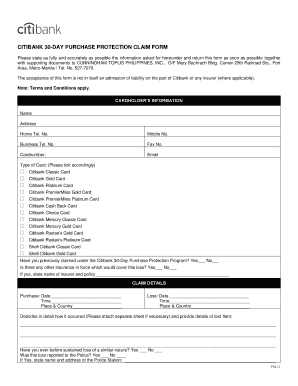 Fillable Online citibank com Citibank 30-day purchase protection claim ...
