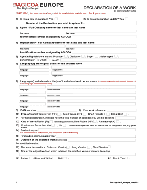 Fillable Online DECLARATION OF A WORK - agicoa europe Fax Email Print ...