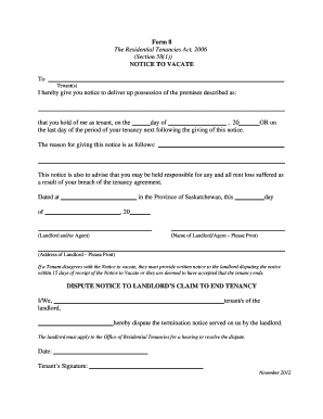 Fillable Online Form 8 - Notice to Vacate Fax Email Print - pdfFiller