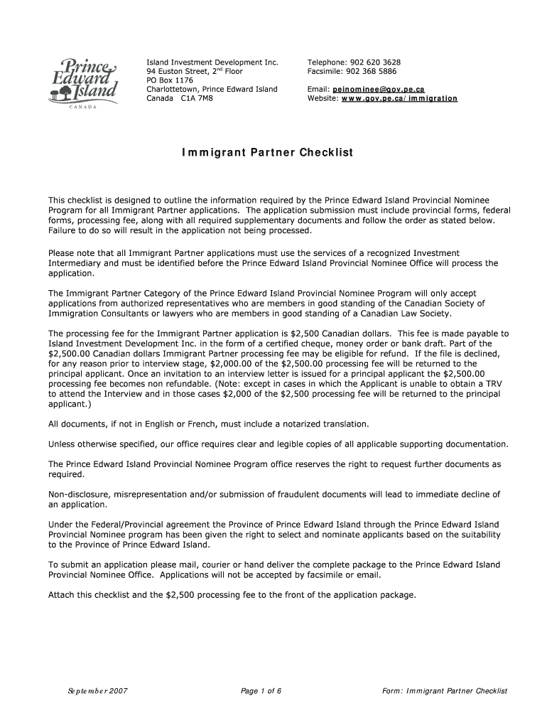 Fillable Online Immigrant Partner Checklist for Prince Edward Island ...