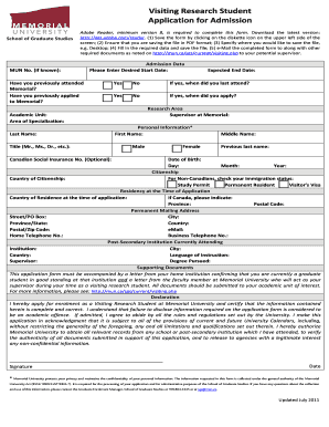 Fillable Online mun Visiting Research Student Application for Admission ...