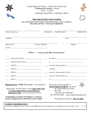 Fillable Online PRE-REGISTRATION FORM - Grand Chapter of Alberta Fax ...