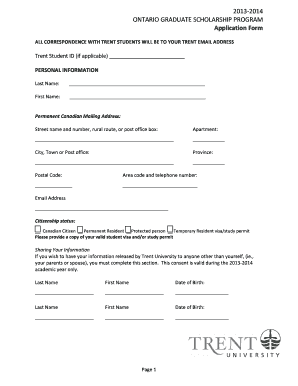 Fillable Online trentu Ontario graduate scholarship program application ... - Trent University ...