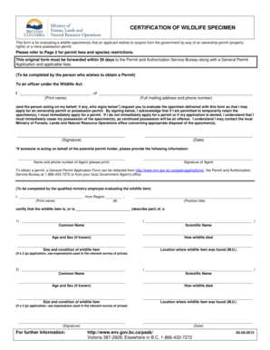 Fillable Online env gov bc Certification of Wildlife Specimen form ...