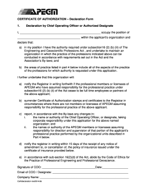 Fillable Online CERTIFICATE OF AUTHORIZATION Declaration Form 1 ...
