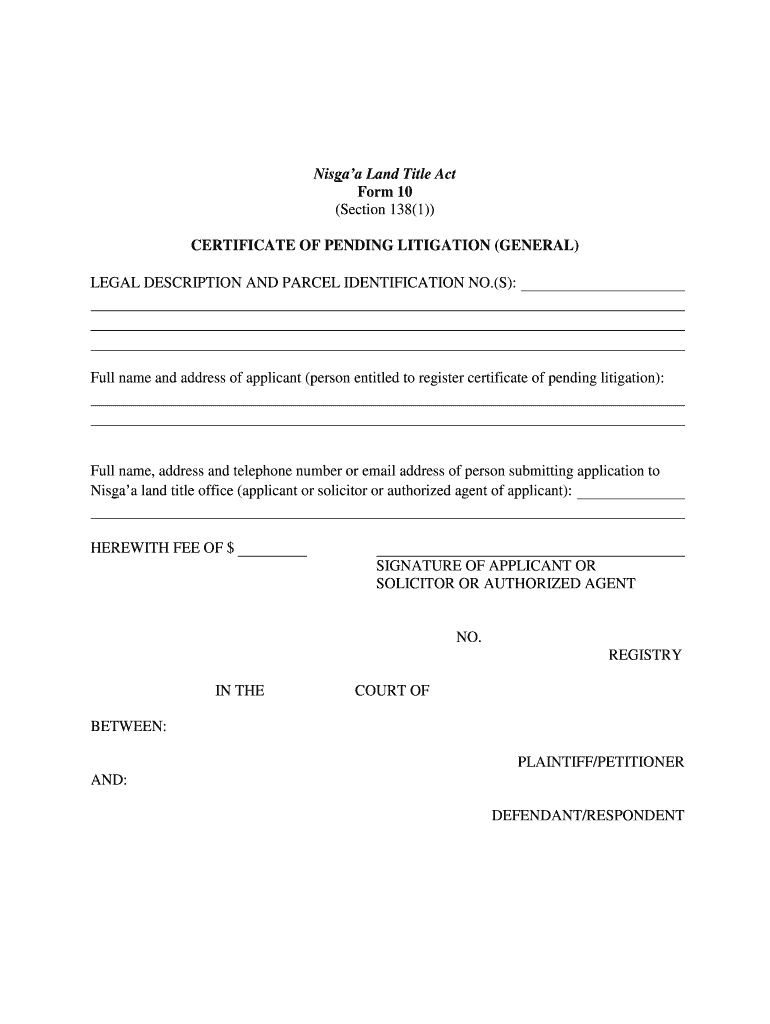 Fillable Online Certificate of Pending Litigation (General) Fax Email ...