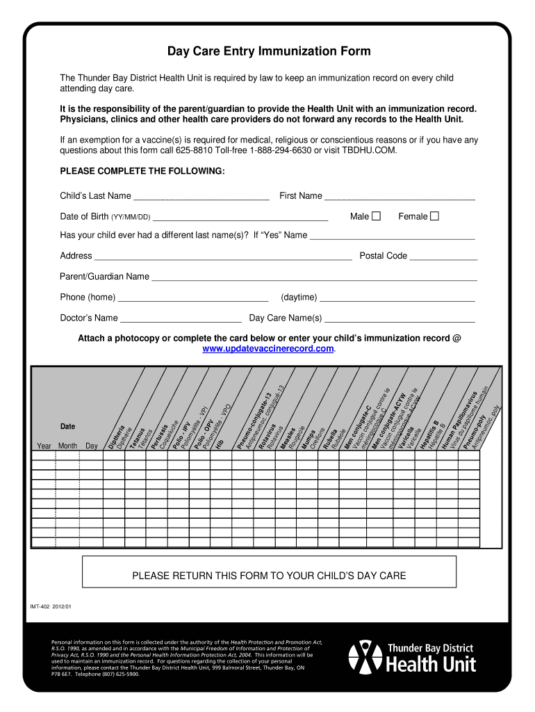Fillable Online Day Care Entry Immunization Form Fax Email Print - pdfFiller