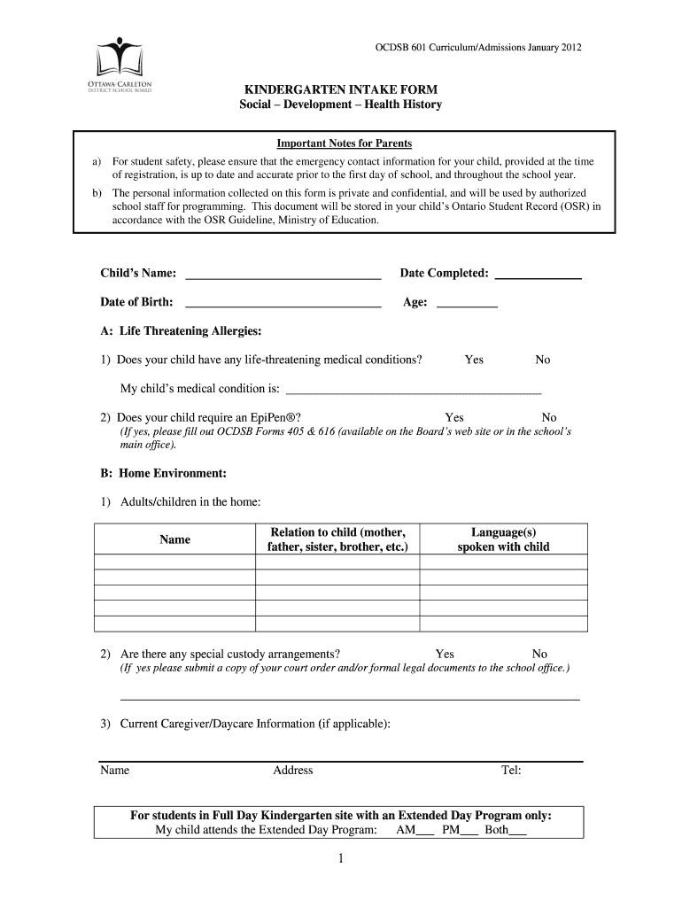 Ocdsb Kindergarten Intake Form - Fill and Sign Printable Template ...