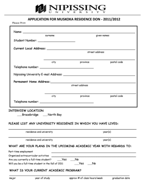 Fillable Online nipissingu Application for muskoka residence don - 2011/2012 - Nipissing ...
