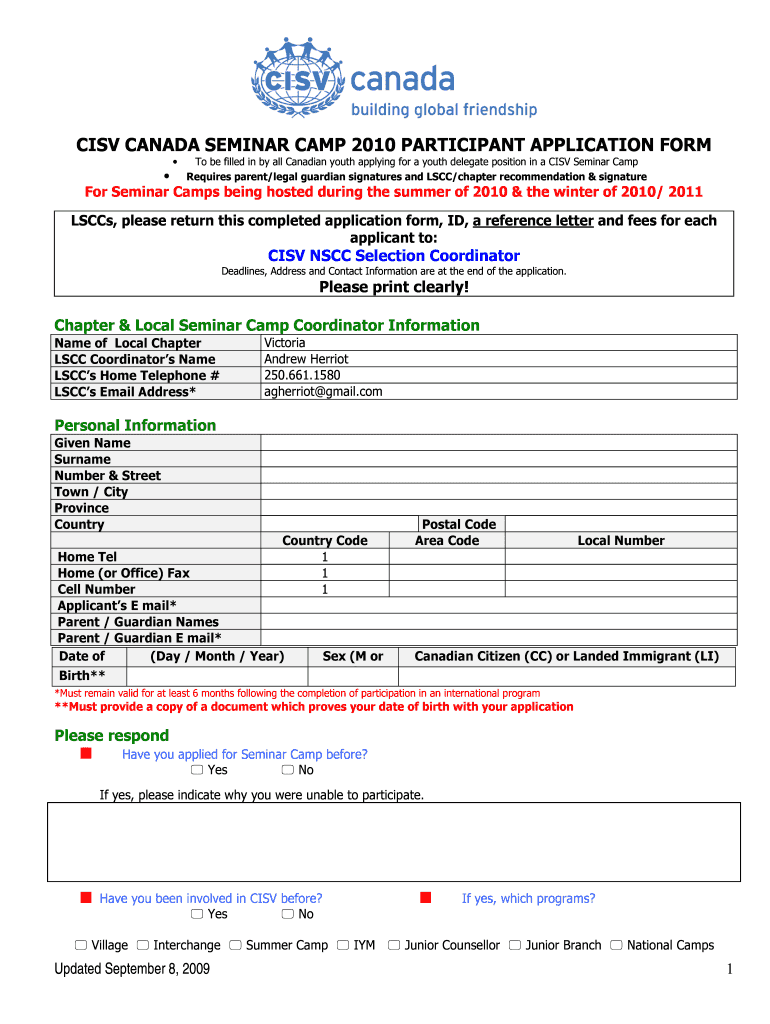 Fillable Online CISV Canada Seminar Camp 2010 Participant Application ...