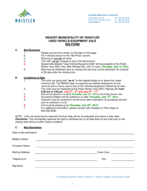 Fillable Online Resort municipality of whistler used vehicle/equipment ...