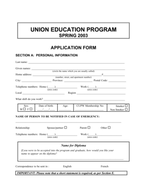 Fillable Online Union education program spring 2003 application form ...