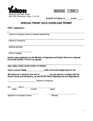 Fillable Online Special front axle overload permit - Highways and ...