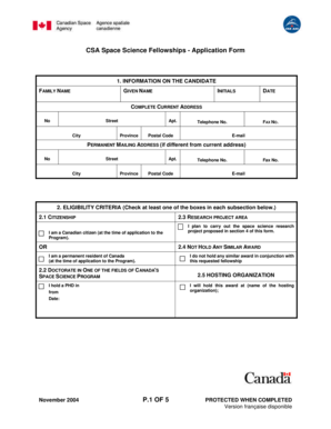 Fillable Online P.1 OF 5 CSA Space Science Fellowships - Application Form Fax Email Print ...