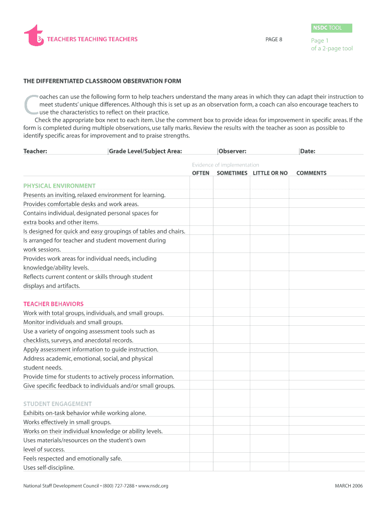 Fillable Online The Differentiated Classroom Observation Form Fax Email