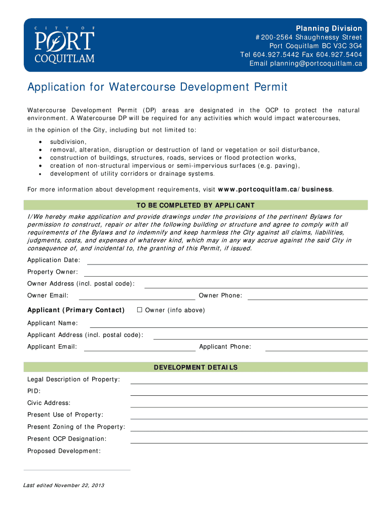 Fillable Online Watercourse Development Permit Application Fax Email ...