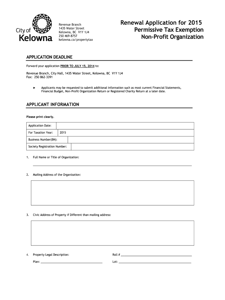 Permissive Tax Exemption Renewal Application Permissive Tax Exemptions for the Kelowna area, are ...