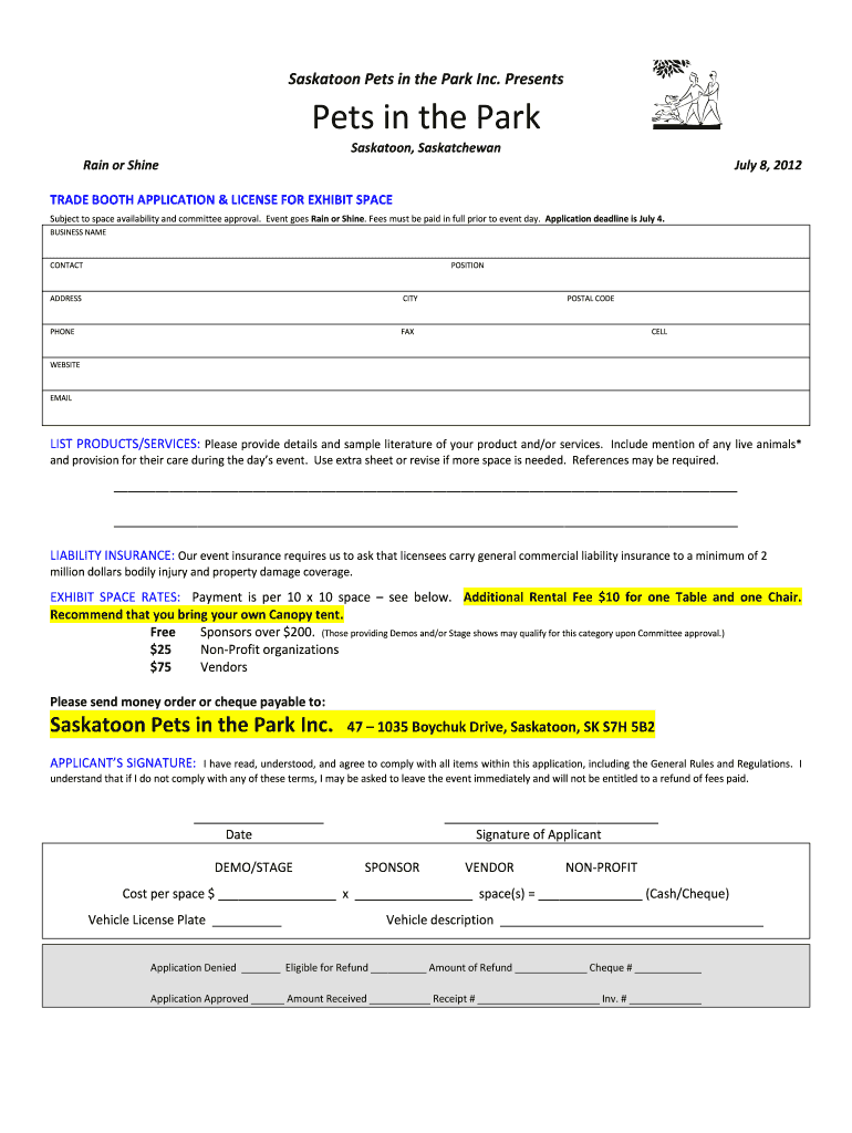 Fillable Online Pets in the Park Application Fax Email Print - pdfFiller