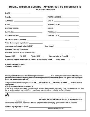 Fillable Online mcgill Mcgill tutorial service application to tutor ...