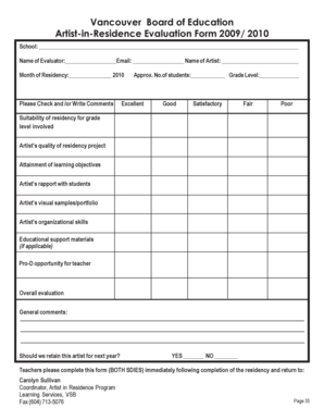 Fillable Online Artist Evaluation Form 2010 - Vancouver School Board ...