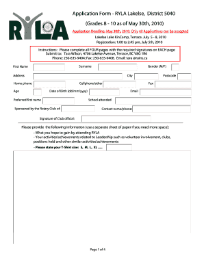 Fillable Online clubrunner Application Form - RYLA Lakelse, District 5040 ... - ClubRunner ...