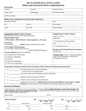 Fillable Online 2012 SUMMER OSAP APPLICATION (Please read Instructions ...